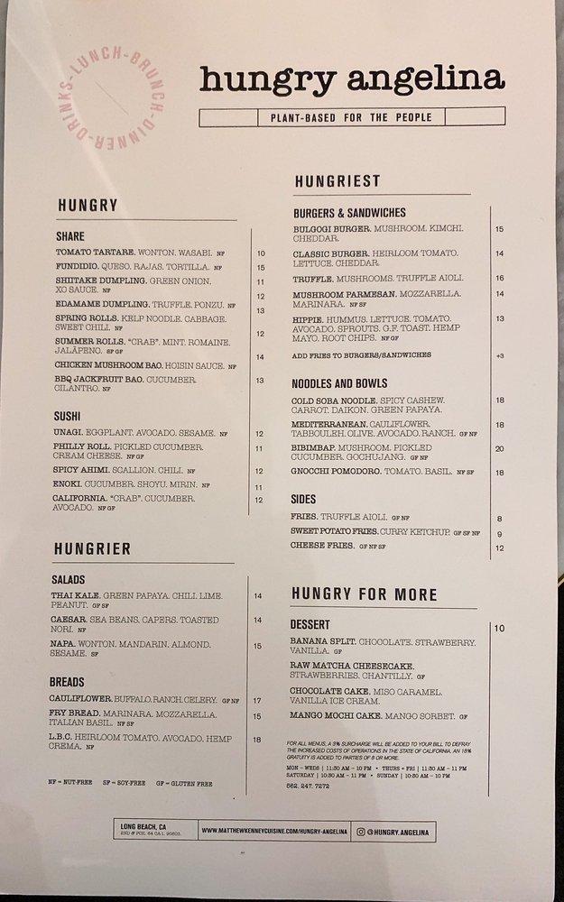 Menu at Hungry Angelina restaurant, Long Beach