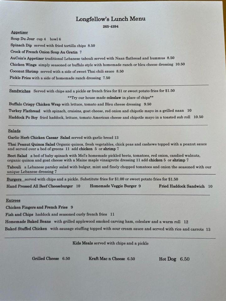 Menu at Longfellow's Restaurant, Kingfield