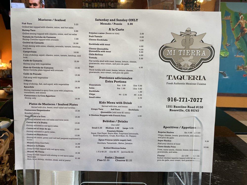 Menu at Mi Tierra Taqueria restaurant, Roseville