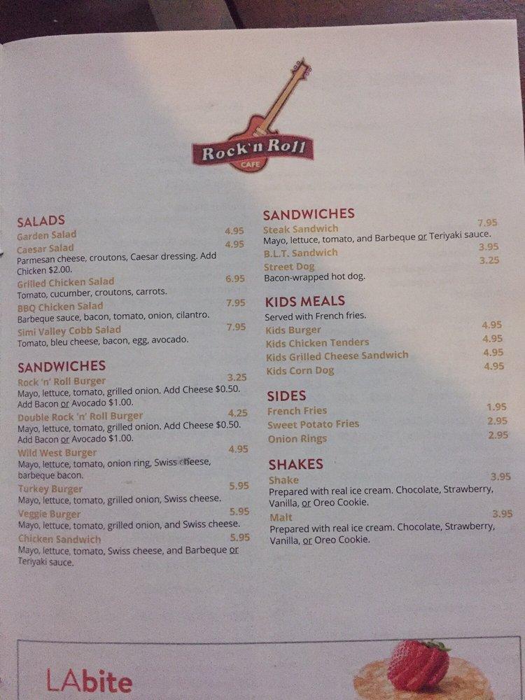 Menu at Rock n Roll Cafe, Simi Valley