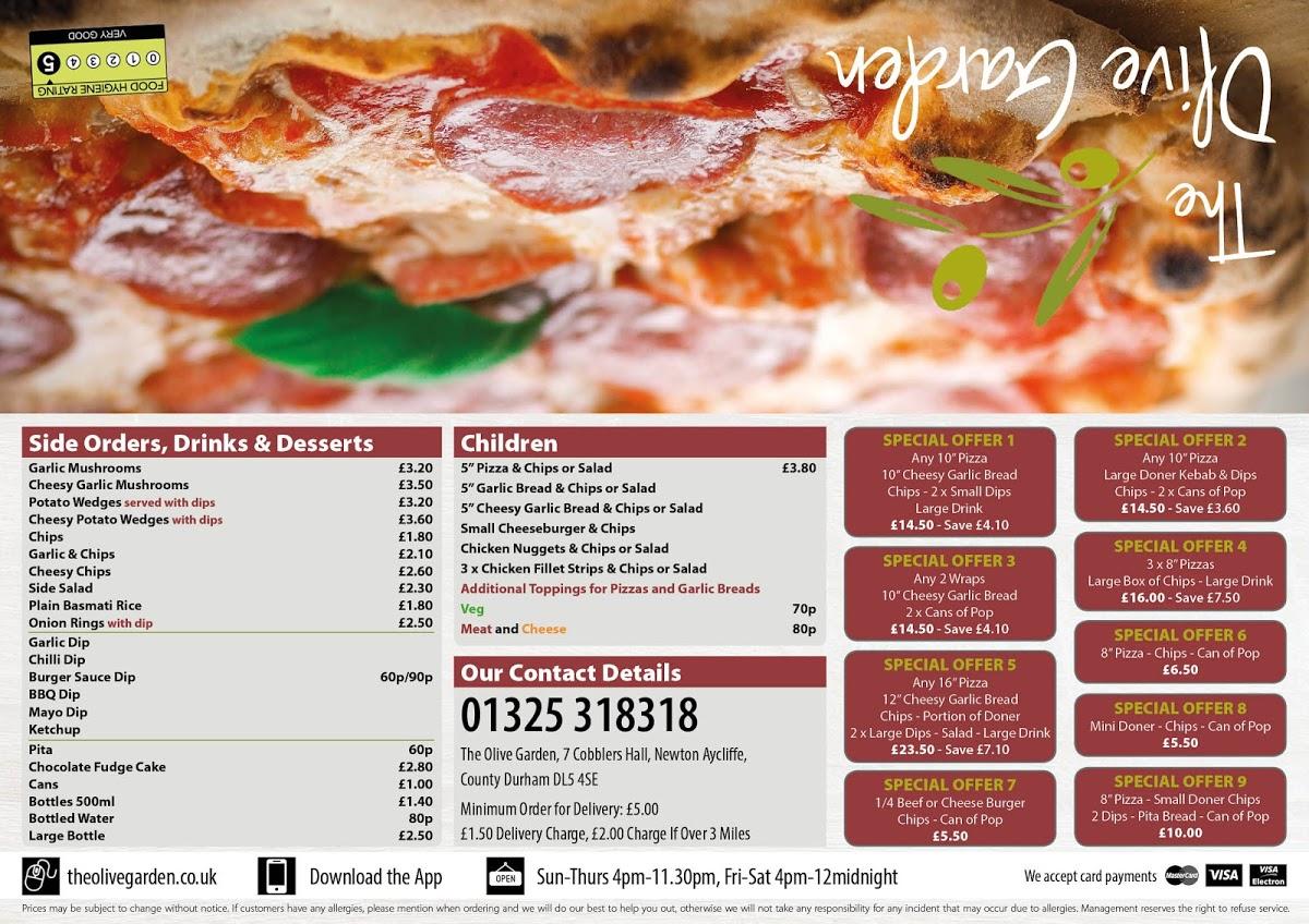 Menu at The Olive Garden pizzeria, Newton Aycliffe