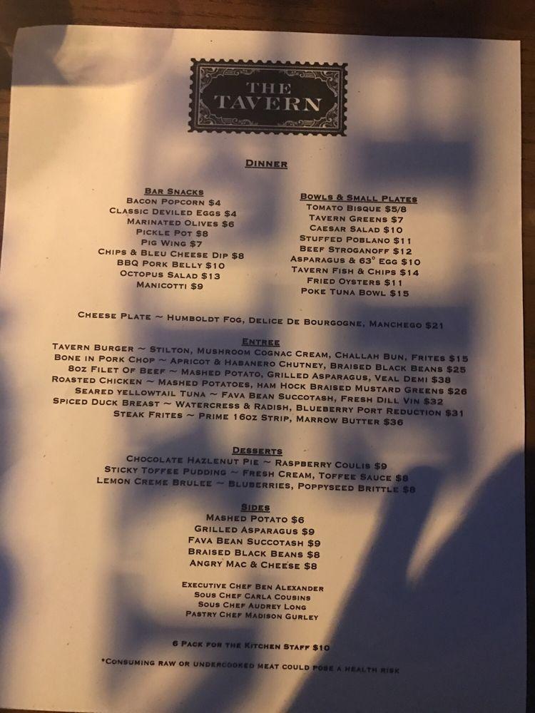 Menu at The Tavern restaurant, Tulsa