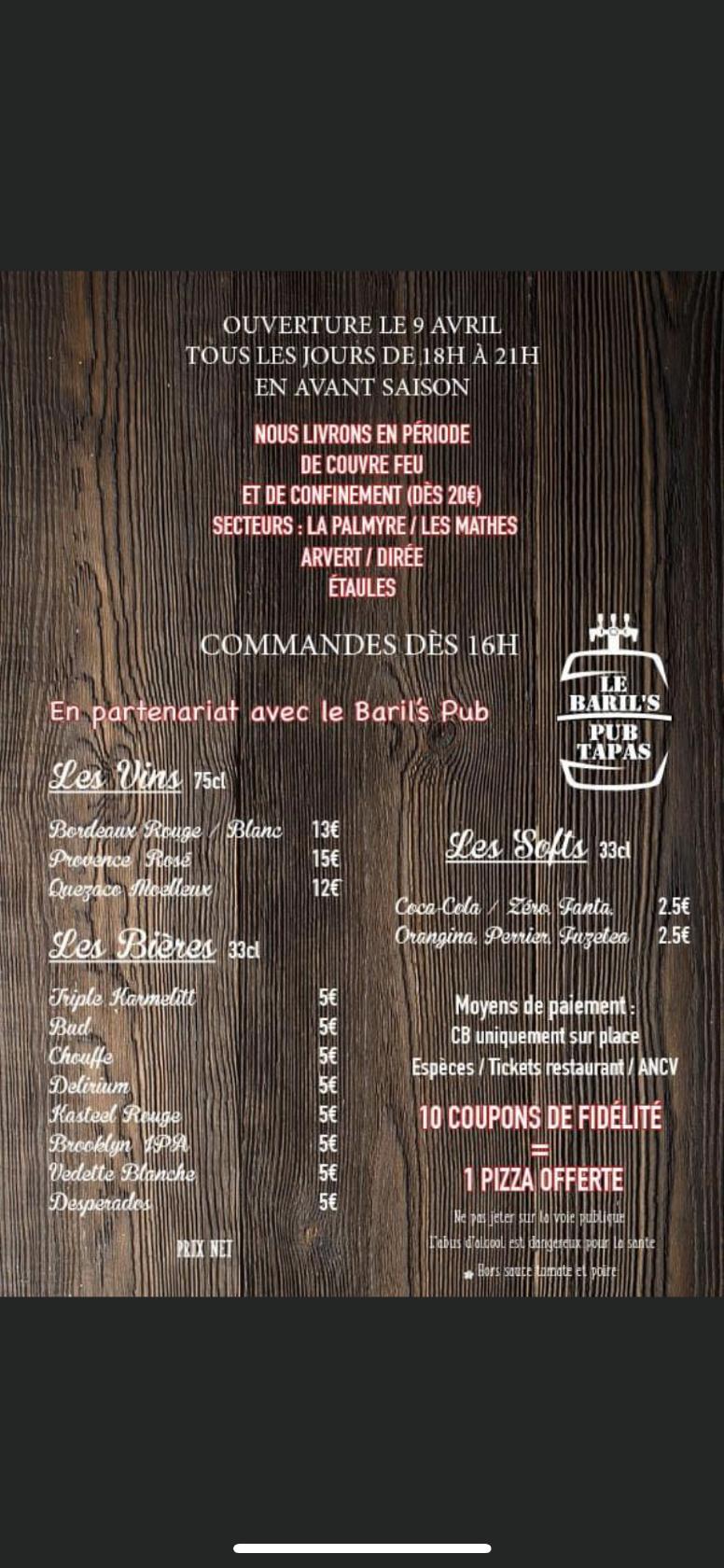 Menu at Chez Pépé Pizza restaurant, Les Mathes