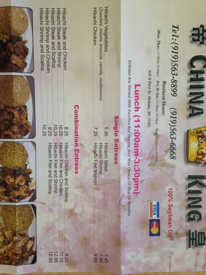 Menu at China King restaurant, Mebane, 618 N First St