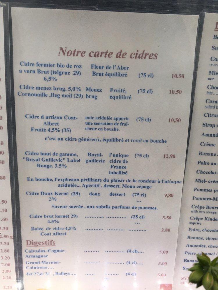 Carta del restaurante Crêperie La Fregate, Le Faou