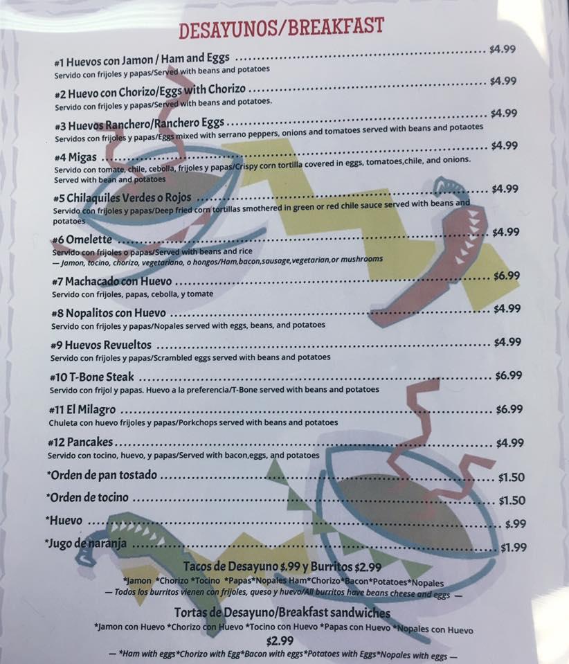 Menu at El Milagro Mexican Restaurant, Center