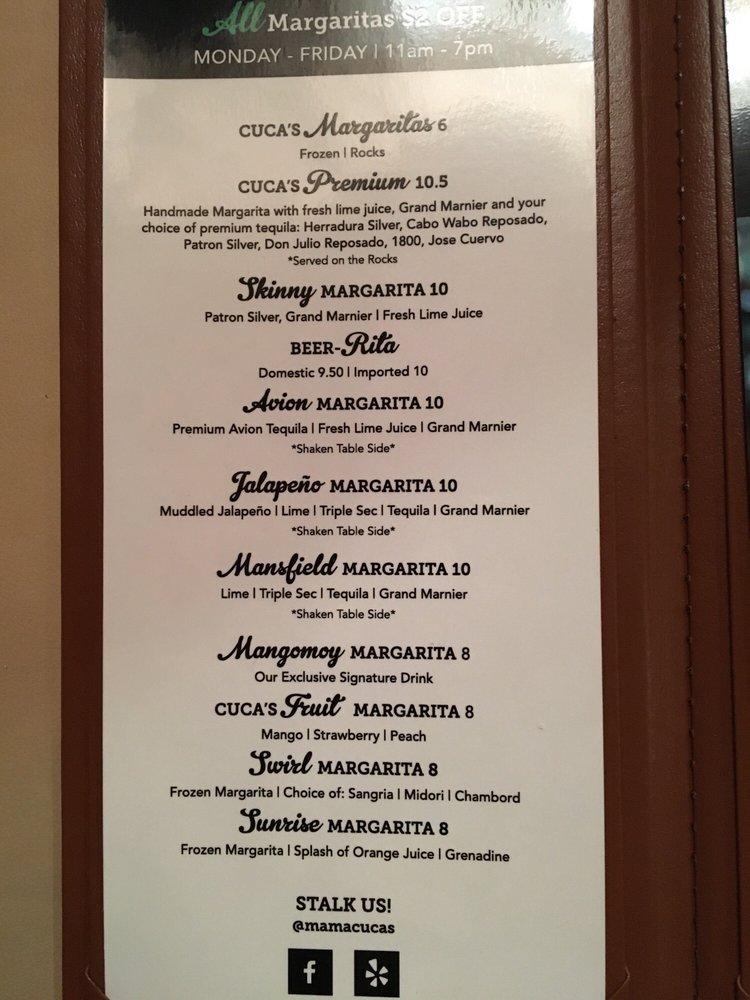 Menu at Mama Cuca's Mexican Cuisine restaurant, Mansfield