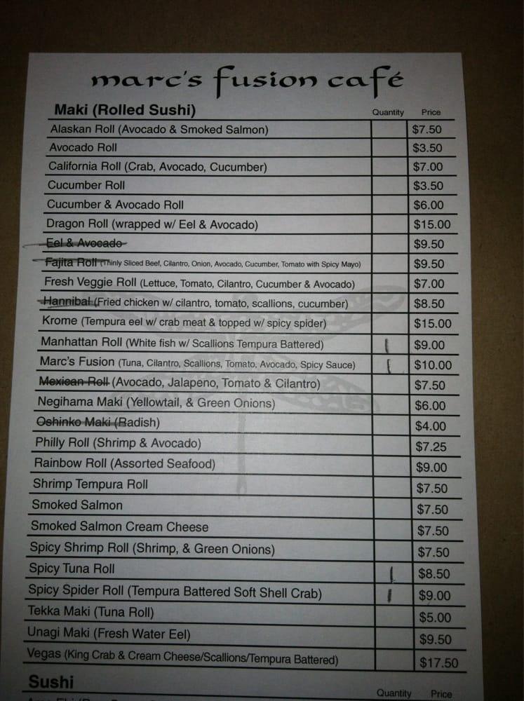 Menu at Marc's Fusion Cafe, Rockford