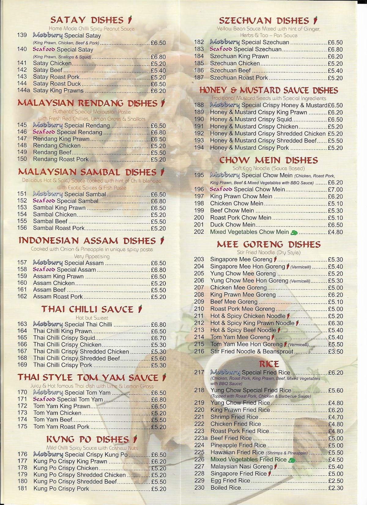 Menu at Modbury Chinese Takeaway fast food, Ivybridge