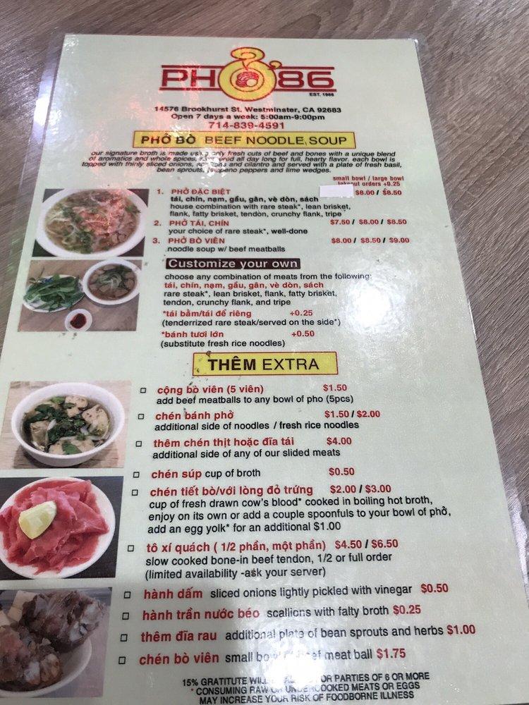 Menu at Phở 86 Restaurant, Westminster, Brookhurst St