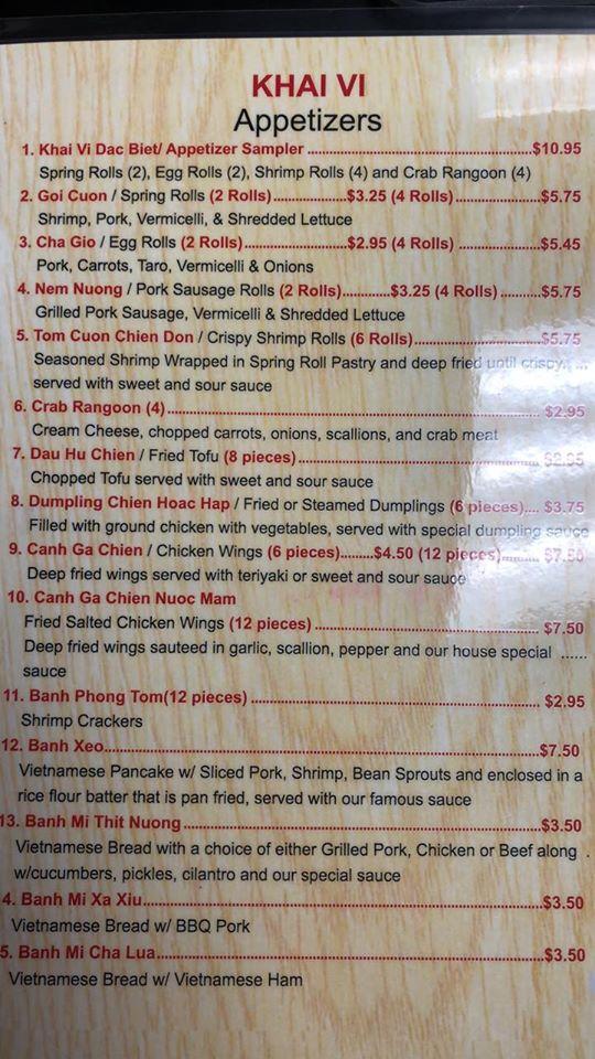 Menu at Pho 95 Vietnamese cuisine restaurant, Cocoa