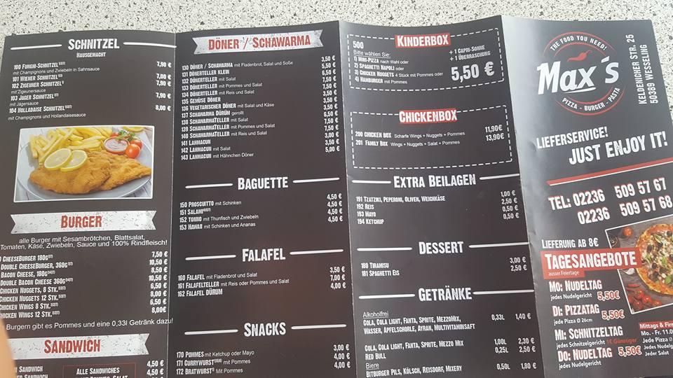Carta de Pizza Max's Wesseling, Wesseling