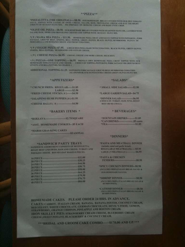 Menu at Pronia's Deli and Bakery, Lake Charles