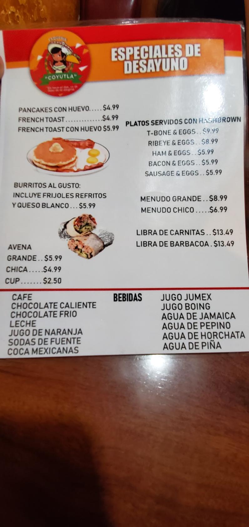Menu at Taqueria Coyutla restaurant, Laredo, San Bernardo Ave