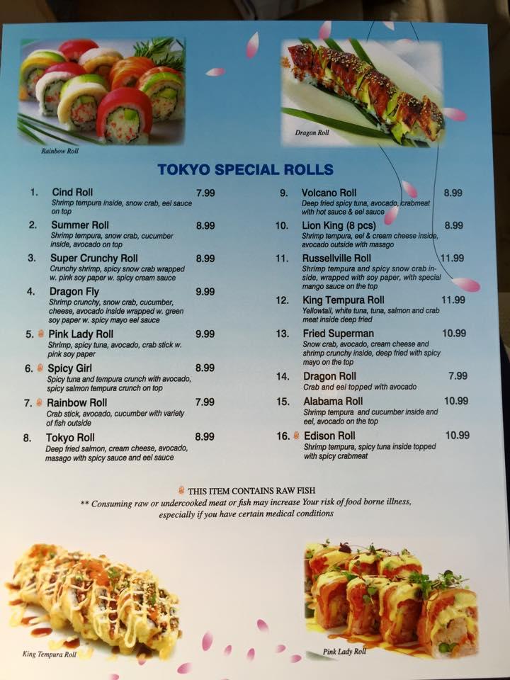 Menu at Tokyo Sushi and Hibachi restaurant, Russellville