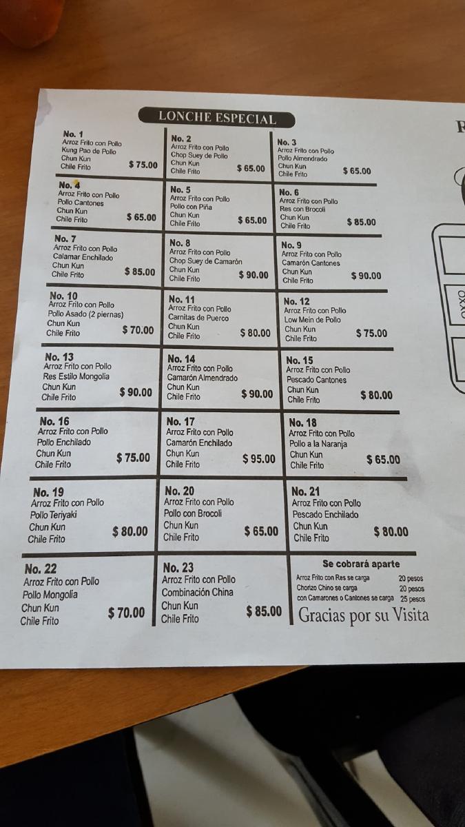 Menu at Wang Wang Comida China restaurant, Tijuana
