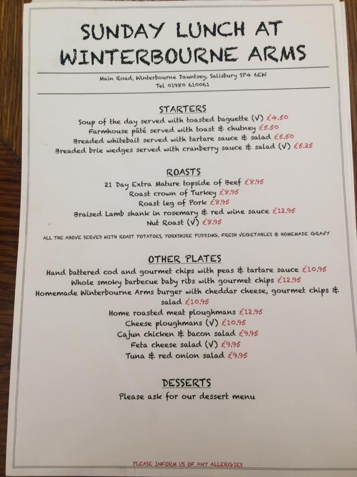 Menu at The Winterbourne Arms salisbury pub & bar, Salisbury, Main Road