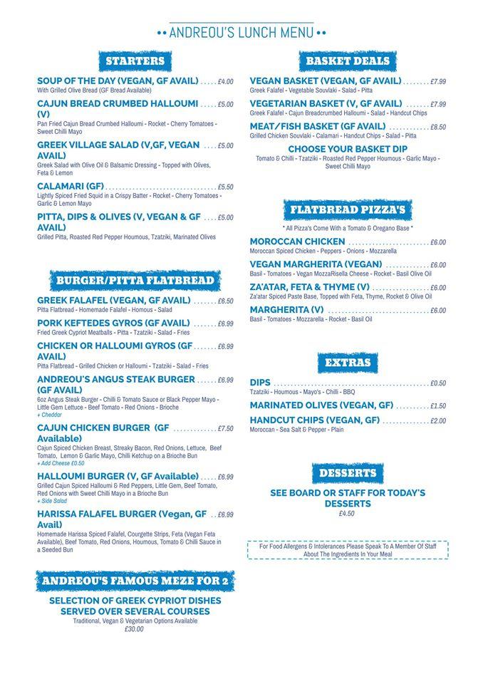 Menu at Andreou's Bistro restaurant, Arbroath