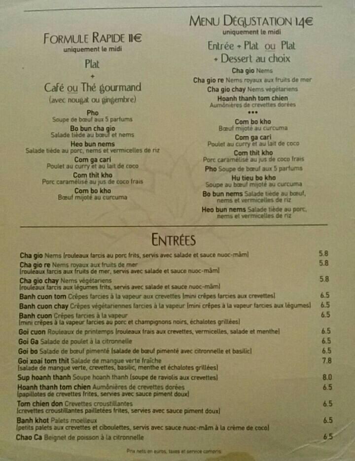 Menu au Au Soleil du Vietnam restaurant, Saint-Ouen