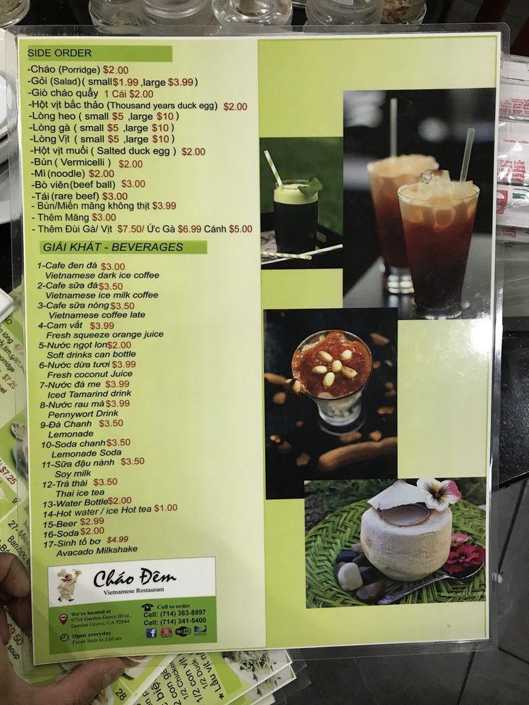 Menu at Cháo Đêm restaurant, Garden Grove