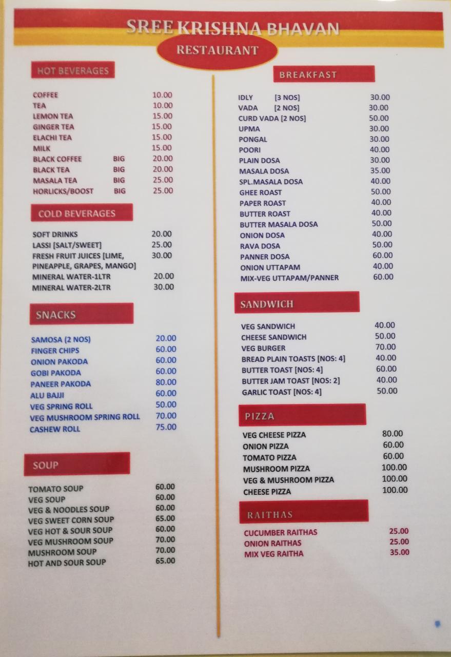 Menu at Hotel Sree Krishna Bhavan, Puttaparthi