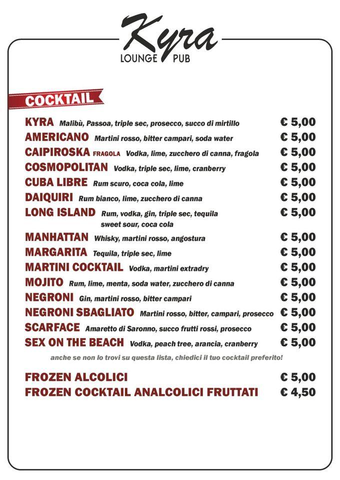 Menu at Kyra lounge pub, Villanova