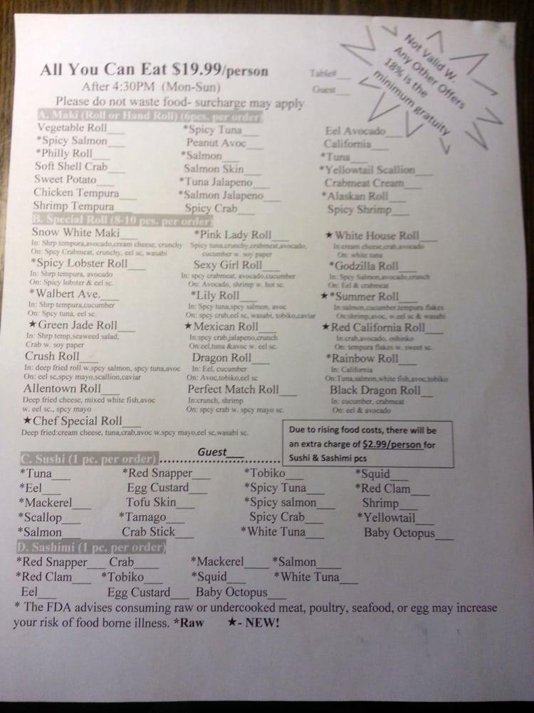 Menu at Lily Sushi Grill restaurant, Allentown