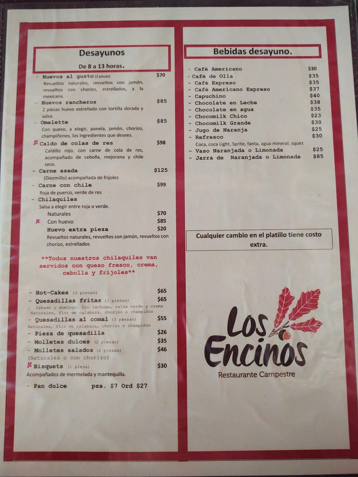 Menu at Los Encinos restaurant, Tapalpa