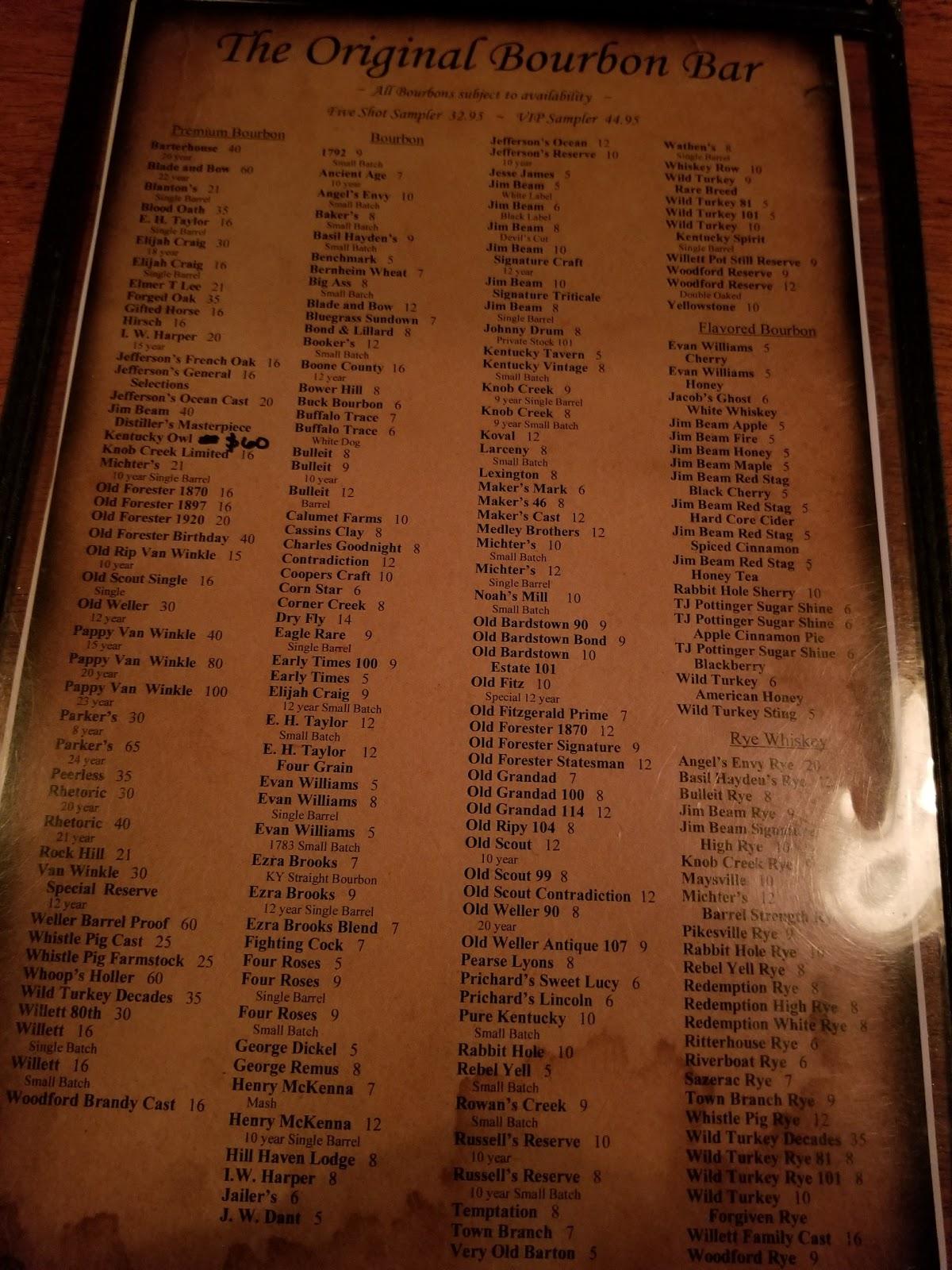 Menu at Old Talbott Tavern pub & bar, Bardstown
