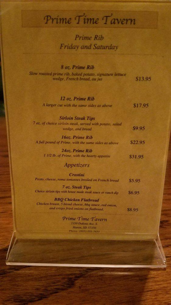 Menu at Prime Time Tavern pub & bar, Huron