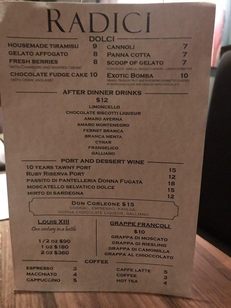 Menu at Radici restaurant, Hermosa Beach