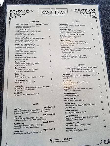 Menu at Thai Basil Leaf Restaurant, Arlington