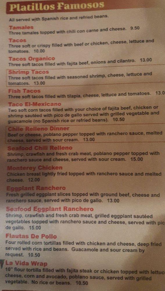 Menu at Casa La Vida restaurant, Baton Rouge