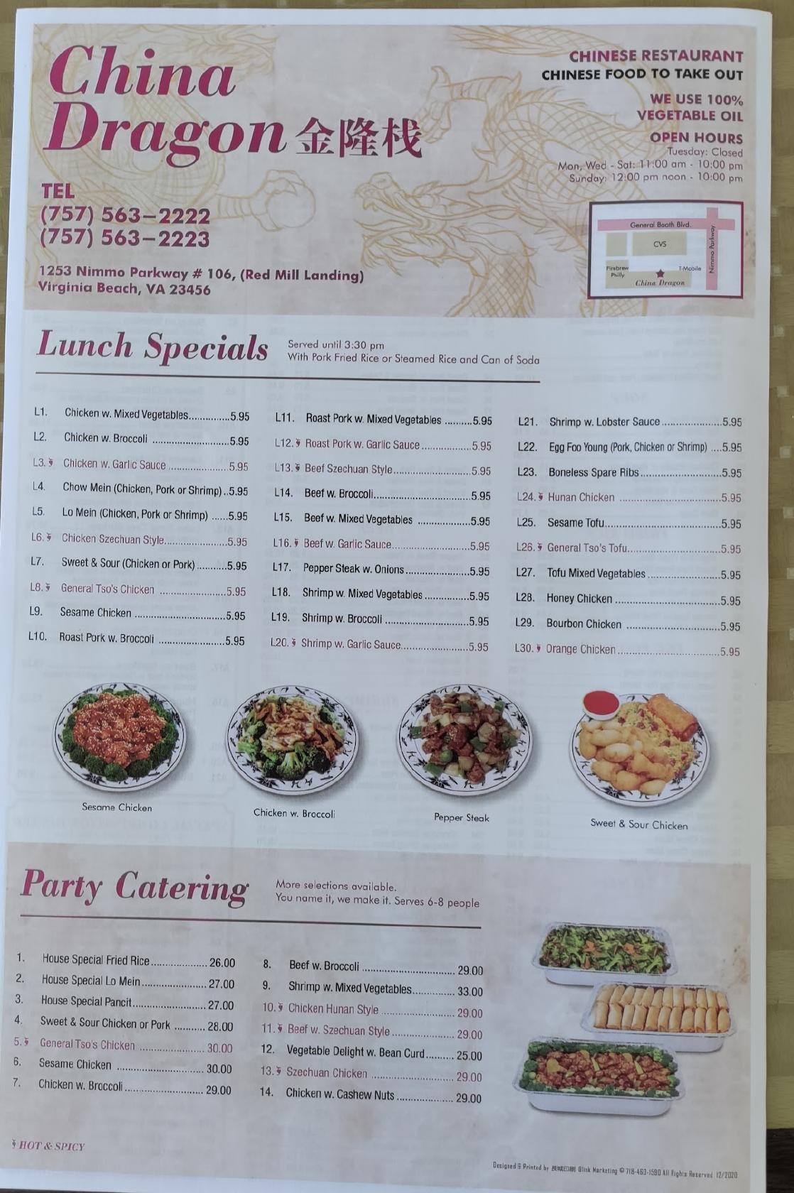 Menu at China Dragon restaurant, Virginia Beach
