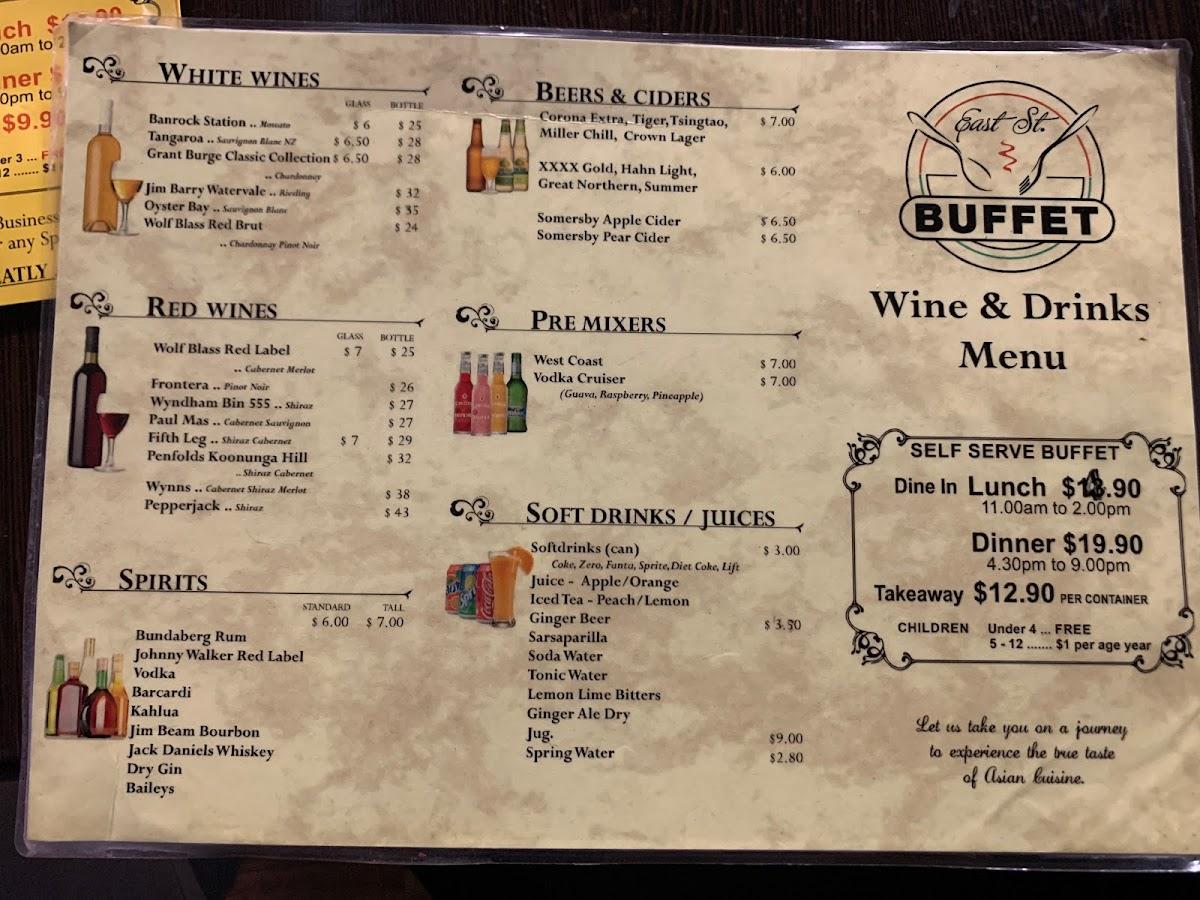 Menu at East Street Buffet restaurant, Rockhampton City