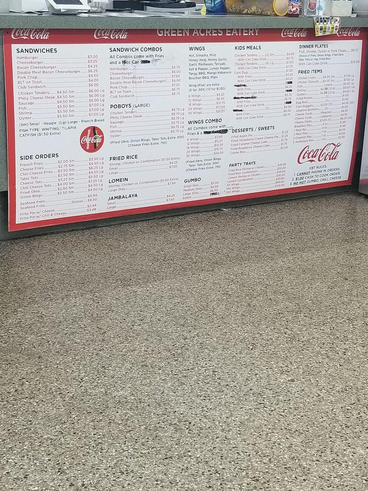 Menu at Green Acres, Pensacola
