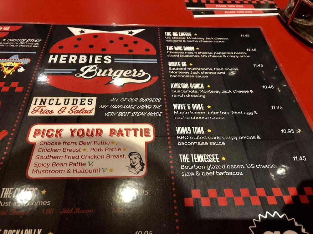 Menu at Herbie's American Diner restaurant, Bar Hill