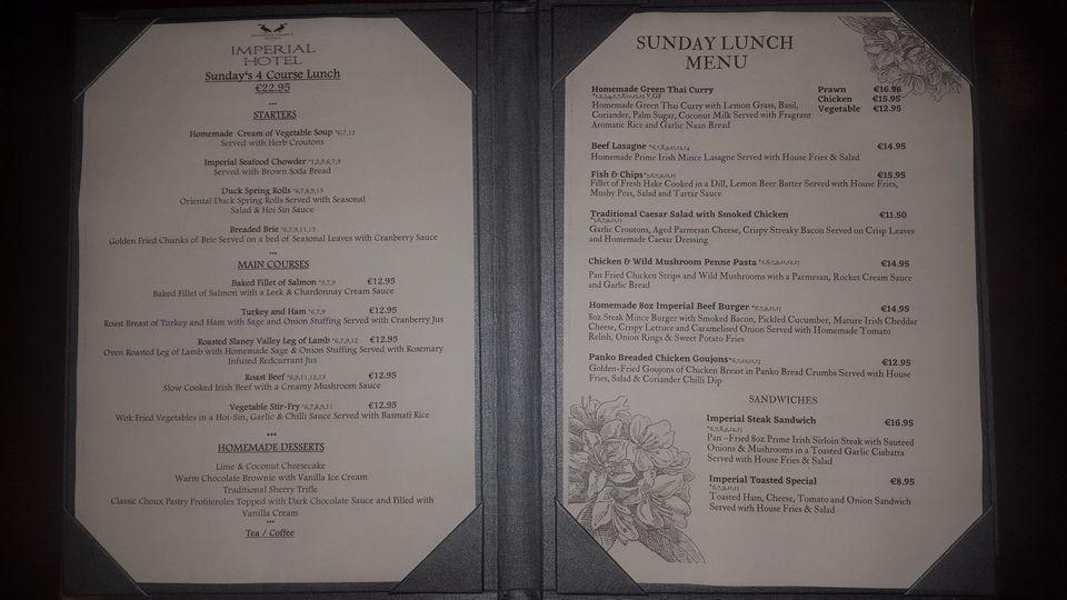 Menu at Imperial Hotel Tralee pub & bar, Tralee