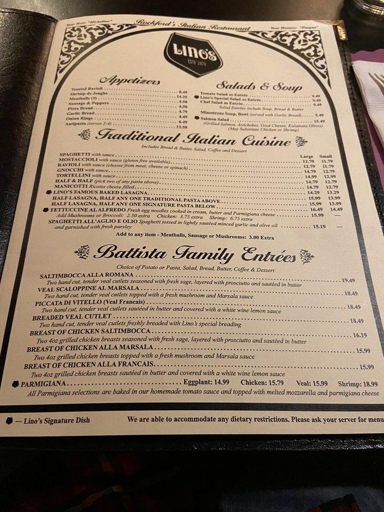 Menu at Lino's pizzeria, Rockford