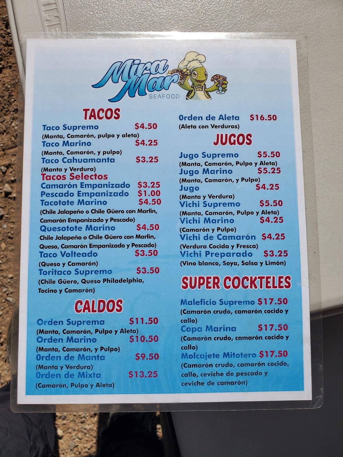 Menu at Mira Mar restaurant, Tucson