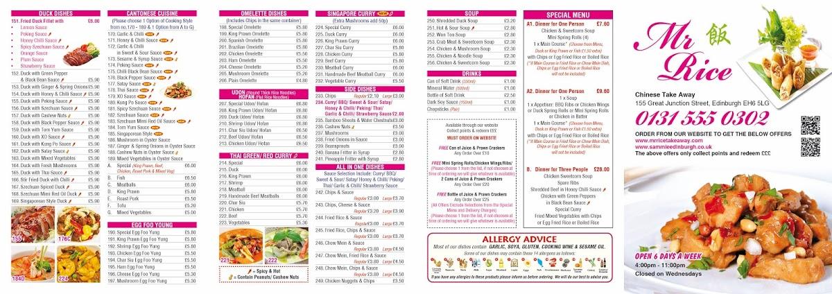 Menu at Mr. Rice Chinese Takeaway restaurant, Edinburgh