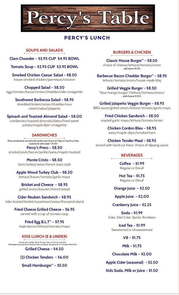 Menu at Percy's Table restaurant, Standish