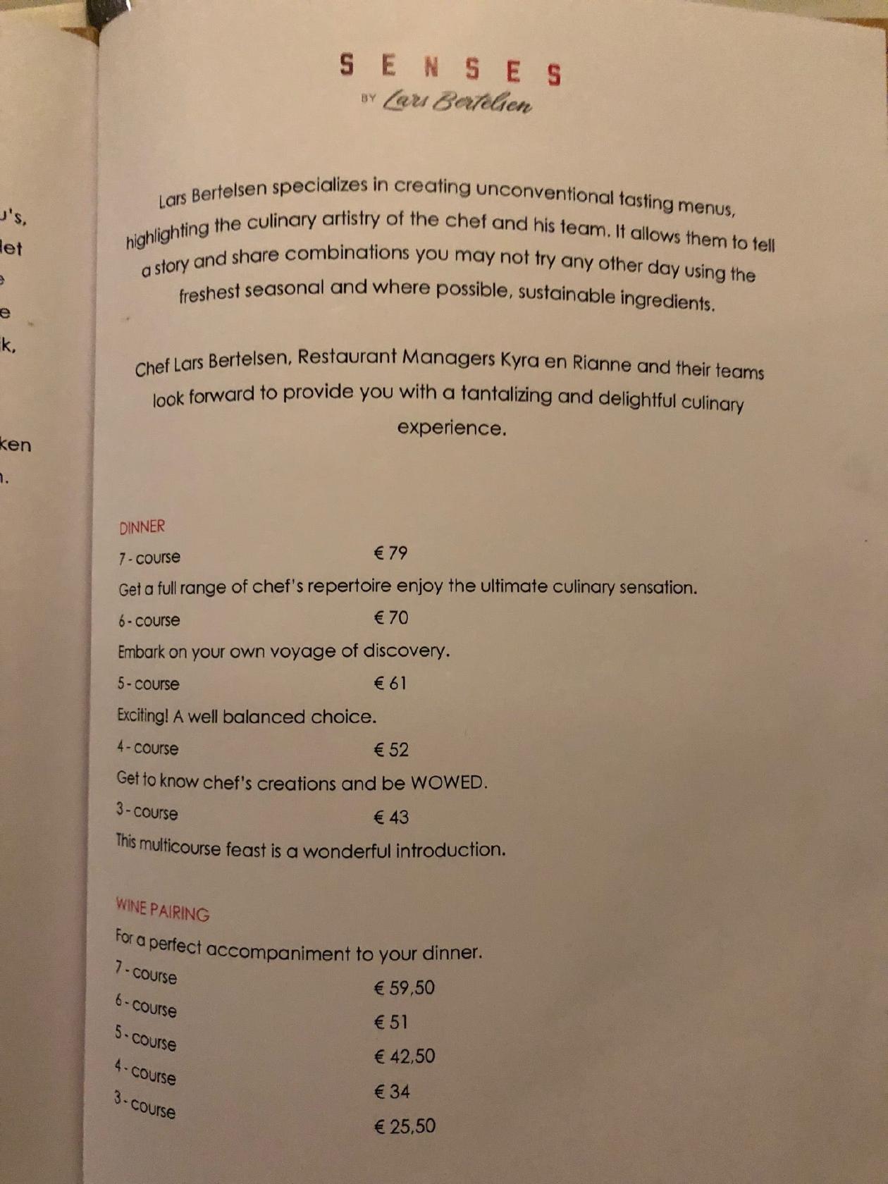 Menu at Senses Restaurant, Amsterdam