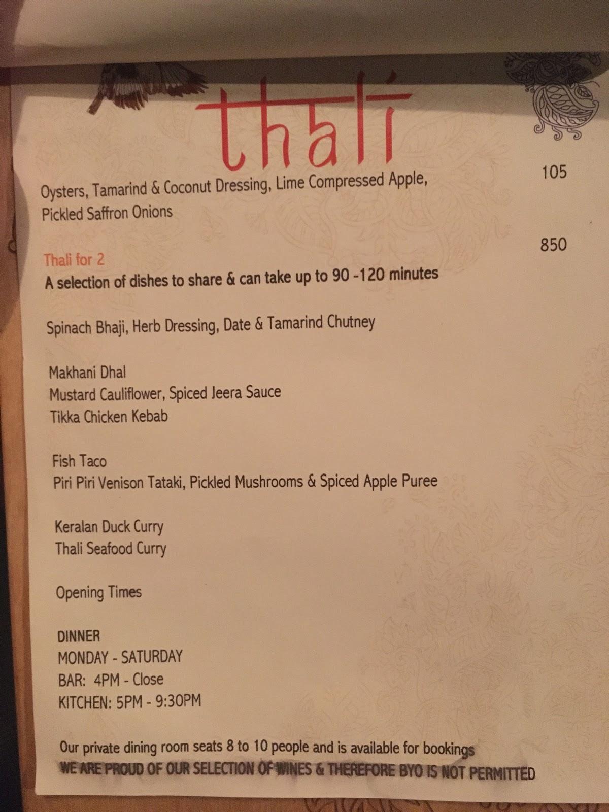 Menu at Thali Restaurant, Cape Town
