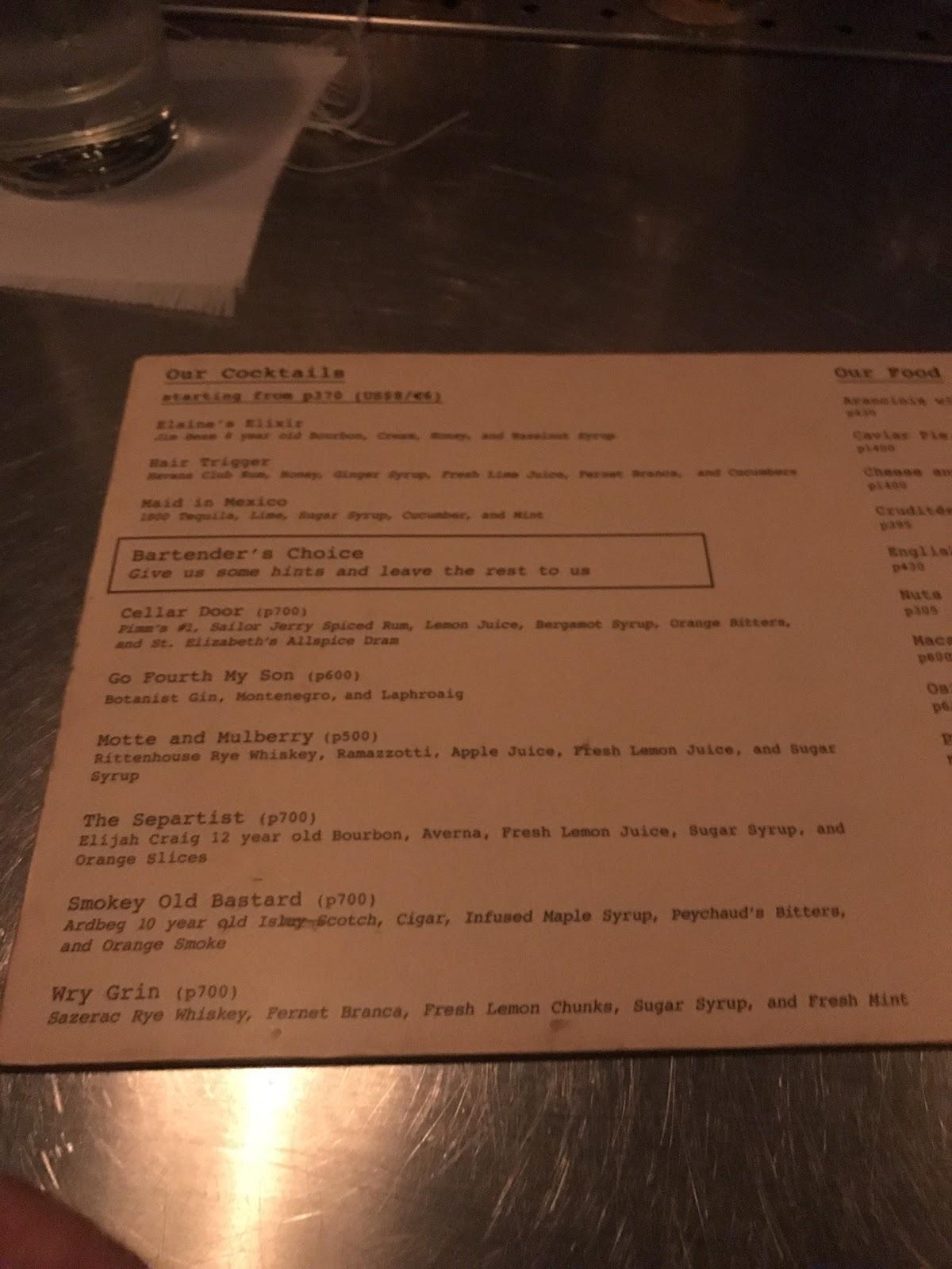 Menu at The Blind Pig pub & bar, Makati