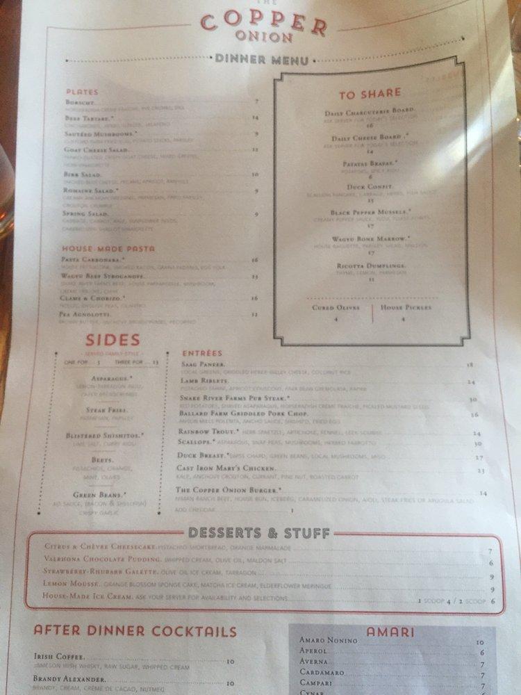Menu at The Copper Onion restaurant, Salt Lake City