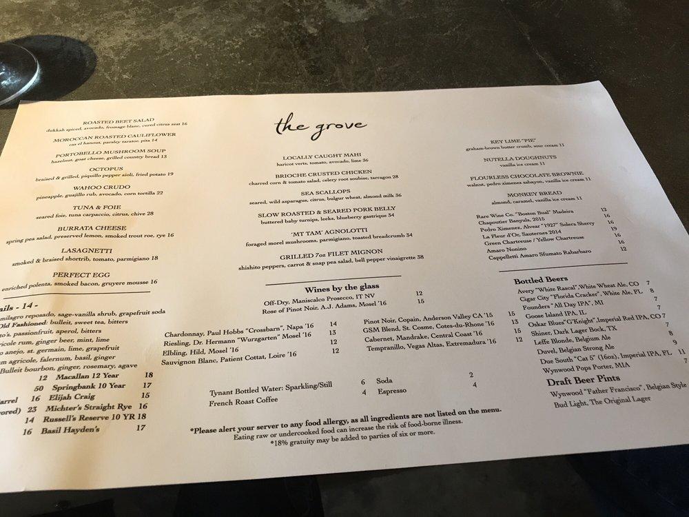 Menu at The Grove restaurant, Delray Beach