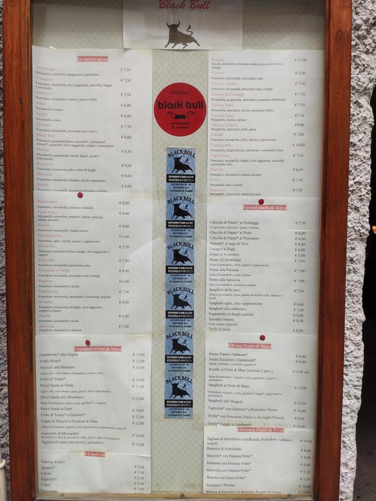 Menu at Black Bull pizzeria, Spotorno