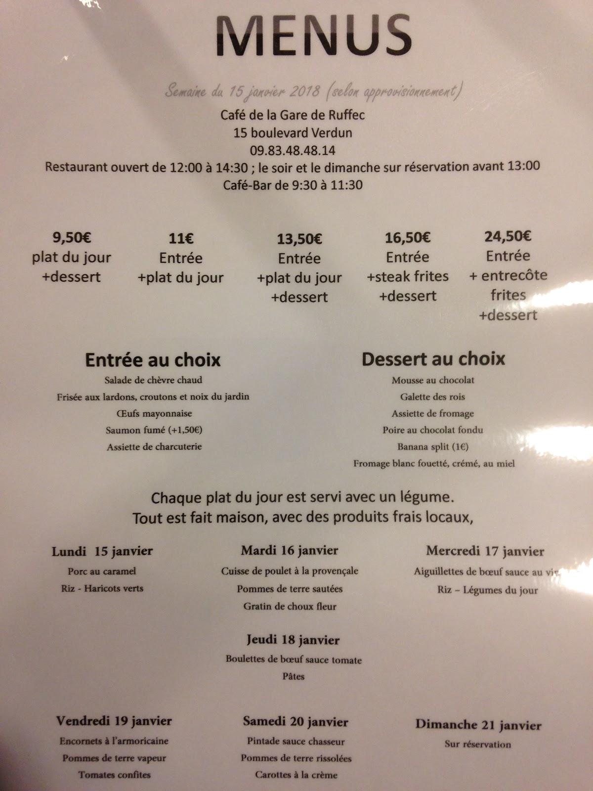 Menu at Café de la Gare, Ruffec