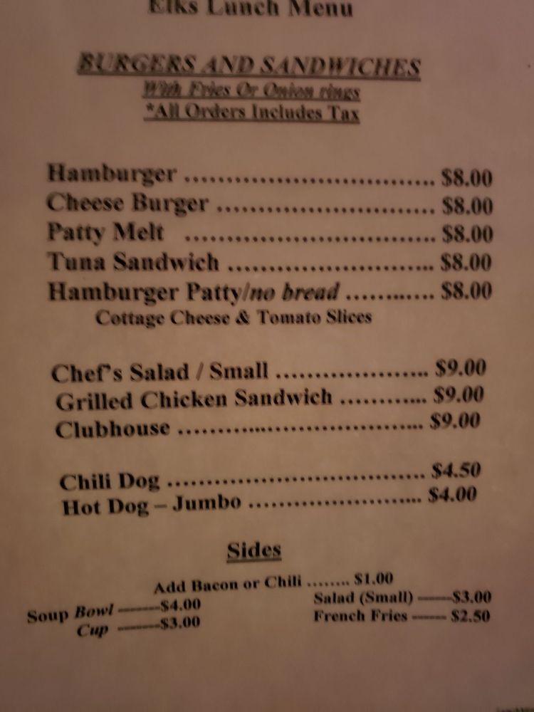 Menu at Indio Elks Lodge pub & bar, Indio